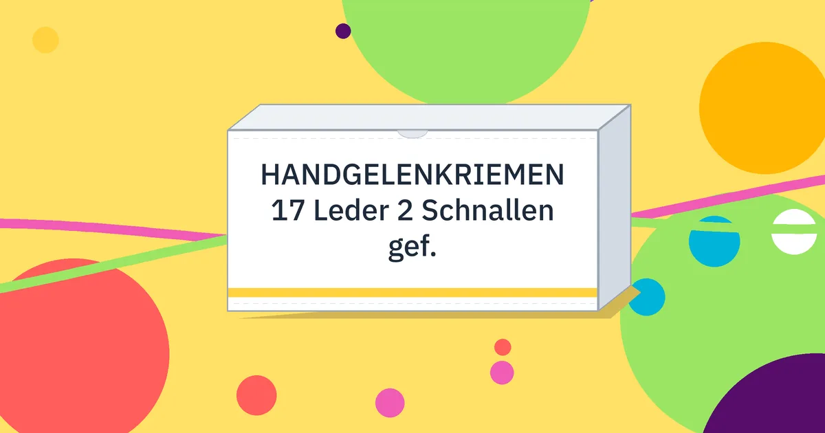 Symbolbild: Packung mit der Aufschrift HANDGELENKRIEMEN 17 Leder 2 Schnallen gef. (PZN 03230137) – Verfügbarkeit und Bezug in Apotheken in Frankfurt am Main