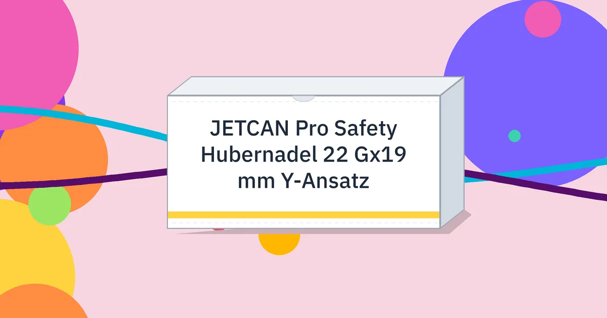 Symbolbild: Packung mit der Aufschrift JETCAN Pro Safety Hubernadel 22 Gx19 mm Y-Ansatz (PZN 19238655) – Verfügbarkeit und Bezug in Apotheken in Frankfurt am Main
