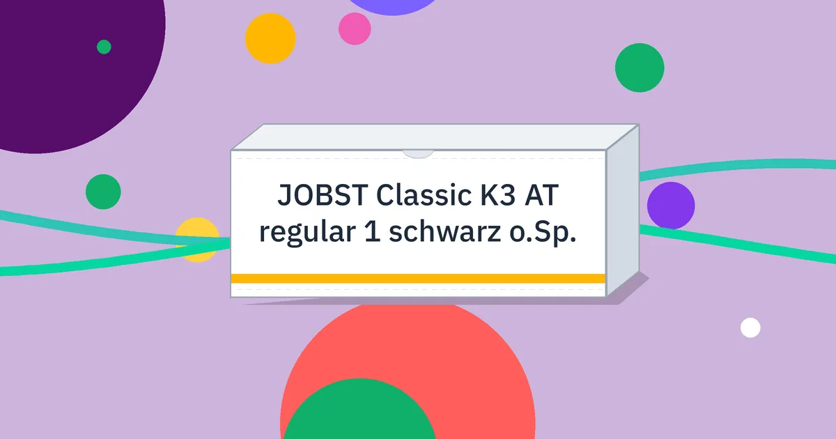 Symbolbild: Packung mit der Aufschrift JOBST Classic K3 AT regular 1 schwarz o.Sp. (PZN 13078311) – Verfügbarkeit und Bezug in Apotheken in Frankfurt am Main