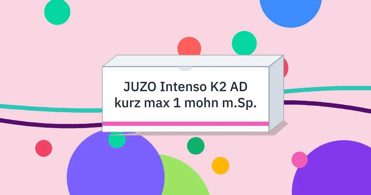 Symbolbild: Packung mit der Aufschrift JUZO Intenso K2 AD kurz max 1 mohn m.Sp. (PZN 18608819) – Verfügbarkeit und Bezug in Apotheken in Frankfurt am Main