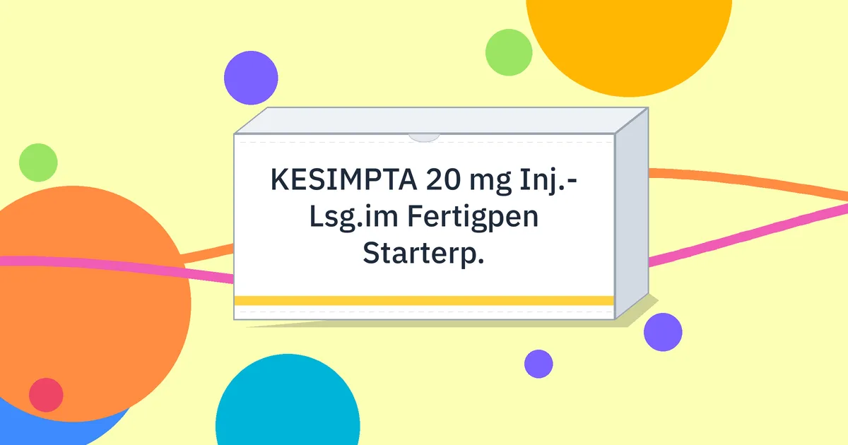 Symbolbild: Packung mit der Aufschrift KESIMPTA 20 mg Inj.-Lsg.im Fertigpen Starterp. (PZN 16603640) – Verfügbarkeit und Bezug in Apotheken in Frankfurt am Main
