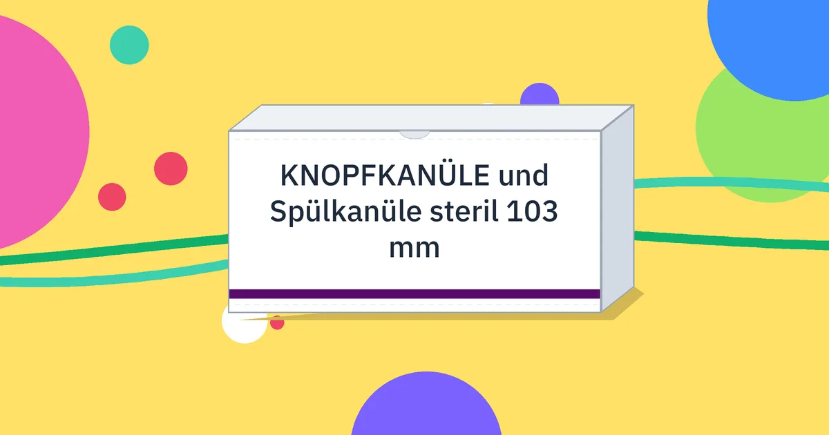 Symbolbild: Packung mit der Aufschrift KNOPFKANÜLE und Spülkanüle steril 103 mm (PZN 18832758) – Verfügbarkeit und Bezug in Apotheken in Frankfurt am Main