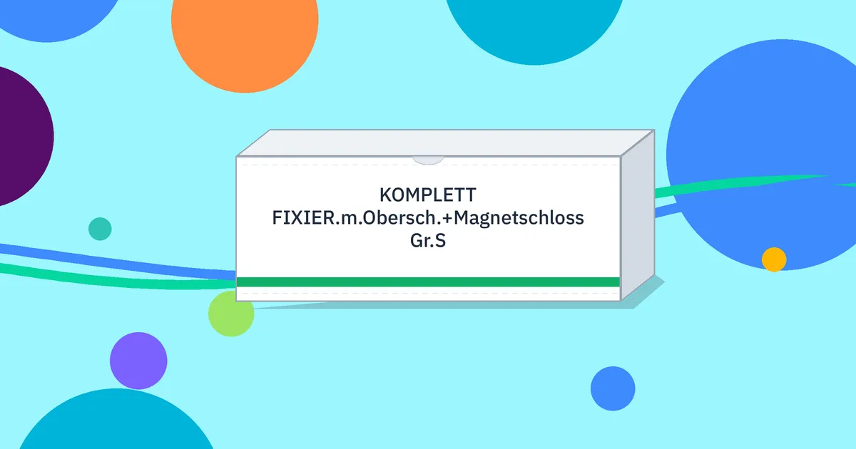 Symbolbild: Packung mit der Aufschrift KOMPLETT FIXIER.m.Obersch.+Magnetschloss Gr.S (PZN 11573590) – Verfügbarkeit und Bezug in Apotheken in Frankfurt am Main