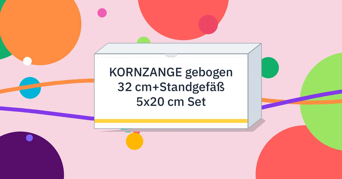 Symbolbild: Packung mit der Aufschrift KORNZANGE gebogen 32 cm+Standgefäß 5x20 cm Set (PZN 17876765) – Verfügbarkeit und Bezug in Apotheken in Frankfurt am Main
