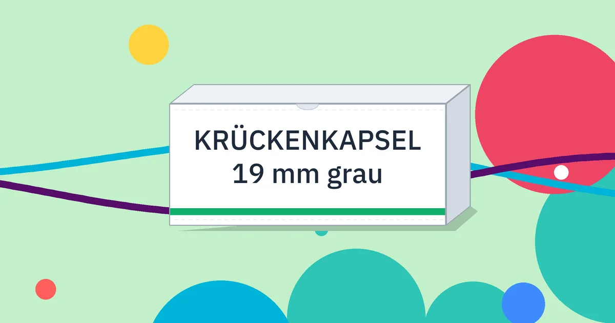 Symbolbild: Packung mit der Aufschrift KRÜCKENKAPSEL 19 mm grau (PZN 02695294) – Verfügbarkeit und Bezug in Apotheken in Frankfurt am Main