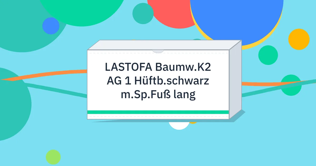 Symbolbild: Packung mit der Aufschrift LASTOFA Baumw.K2 AG 1 Hüftb.schwarz m.Sp.Fuß lang (PZN 01948617) – Verfügbarkeit und Bezug in Apotheken in Frankfurt am Main