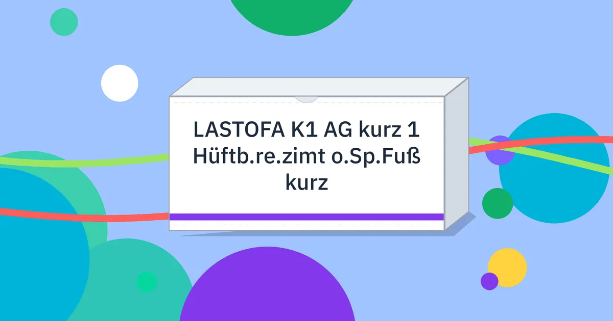 Symbolbild: Packung mit der Aufschrift LASTOFA K1 AG kurz 1 Hüftb.re.zimt o.Sp.Fuß kurz (PZN 13797313) – Verfügbarkeit und Bezug in Apotheken in Frankfurt am Main