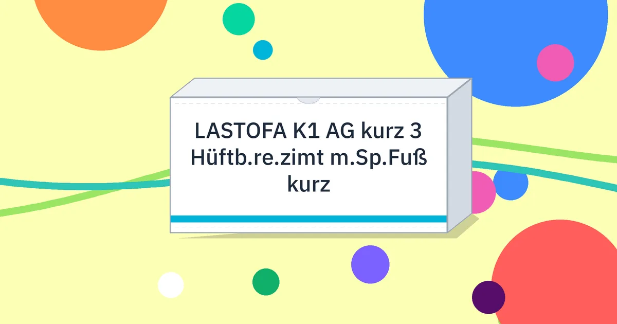 Symbolbild: Packung mit der Aufschrift LASTOFA K1 AG kurz 3 Hüftb.re.zimt m.Sp.Fuß kurz (PZN 13798028) – Verfügbarkeit und Bezug in Apotheken in Frankfurt am Main