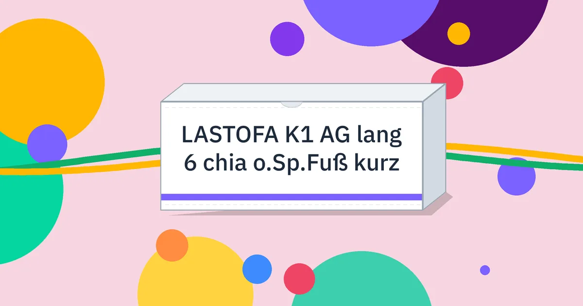 Symbolbild: Packung mit der Aufschrift LASTOFA K1 AG lang 6 chia o.Sp.Fuß kurz (PZN 13793893) – Verfügbarkeit und Bezug in Apotheken in Frankfurt am Main