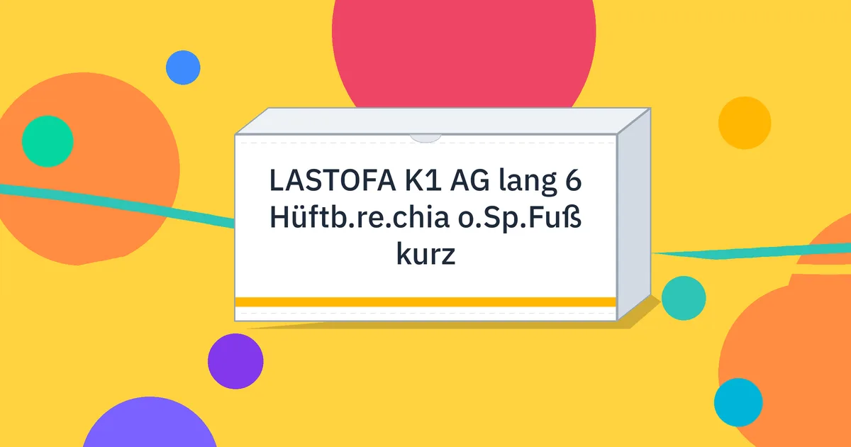 Symbolbild: Packung mit der Aufschrift LASTOFA K1 AG lang 6 Hüftb.re.chia o.Sp.Fuß kurz (PZN 13799022) – Verfügbarkeit und Bezug in Apotheken in Frankfurt am Main