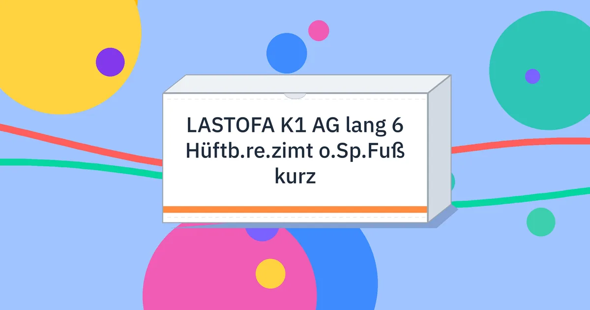 Symbolbild: Packung mit der Aufschrift LASTOFA K1 AG lang 6 Hüftb.re.zimt o.Sp.Fuß kurz (PZN 13799097) – Verfügbarkeit und Bezug in Apotheken in Frankfurt am Main