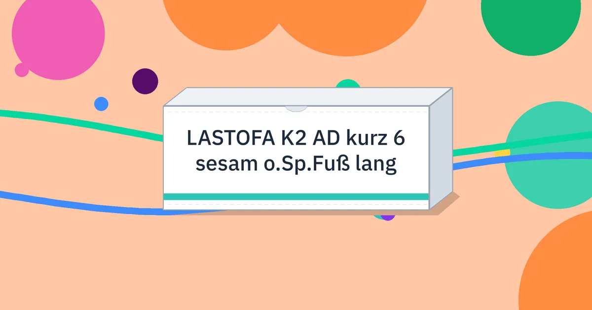 Symbolbild: Packung mit der Aufschrift LASTOFA K2 AD kurz 6 sesam o.Sp.Fuß lang (PZN 14147652) – Verfügbarkeit und Bezug in Apotheken in Frankfurt am Main