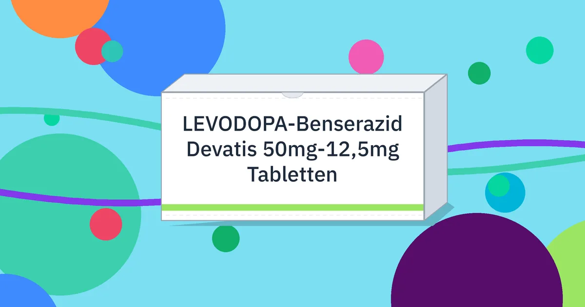 Symbolbild: Packung mit der Aufschrift LEVODOPA-Benserazid Devatis 50mg-12,5mg Tabletten (PZN 16856789) – Verfügbarkeit und Bezug in Apotheken in Frankfurt am Main