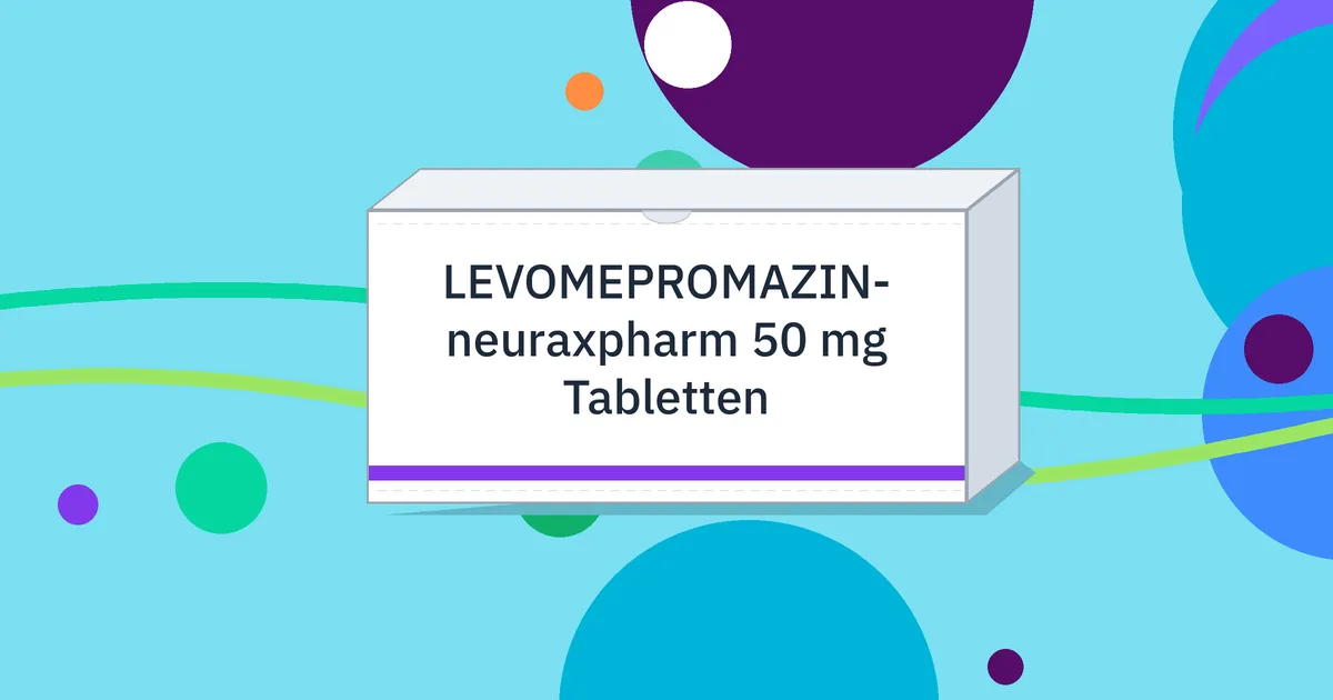 Symbolbild: Packung mit der Aufschrift LEVOMEPROMAZIN-neuraxpharm 50 mg Tabletten (PZN 07229243) – Verfügbarkeit und Bezug in Apotheken in Frankfurt am Main