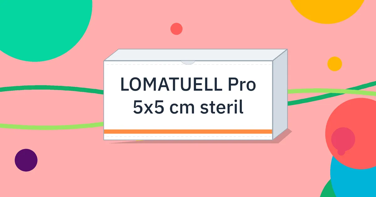 Symbolbild: Packung mit der Aufschrift LOMATUELL Pro 5x5 cm steril (PZN 11593581) – Verfügbarkeit und Bezug in Apotheken in Frankfurt am Main
