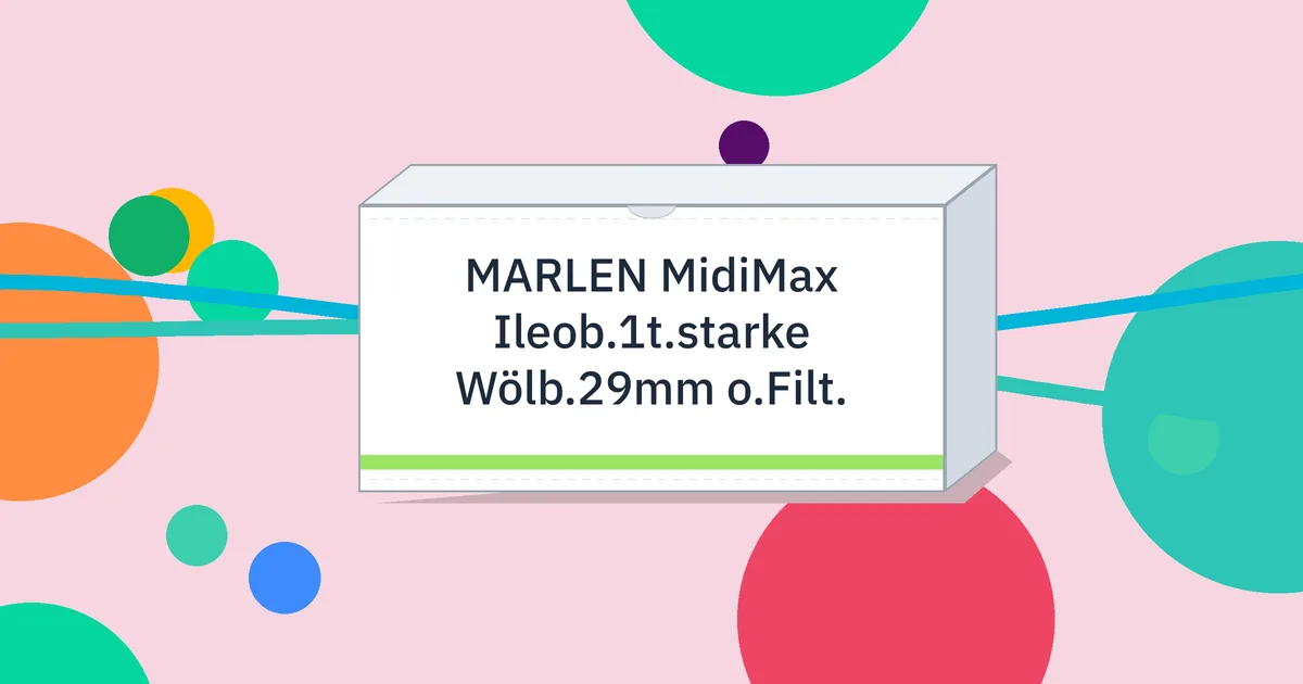 Symbolbild: Packung mit der Aufschrift MARLEN MidiMax Ileob.1t.starke Wölb.29mm o.Filt. (PZN 16658629) – Verfügbarkeit und Bezug in Apotheken in Frankfurt am Main