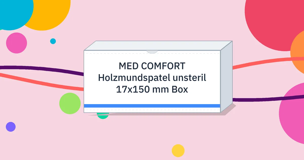 Symbolbild: Packung mit der Aufschrift MED COMFORT Holzmundspatel unsteril 17x150 mm Box (PZN 18220558) – Verfügbarkeit und Bezug in Apotheken in Frankfurt am Main