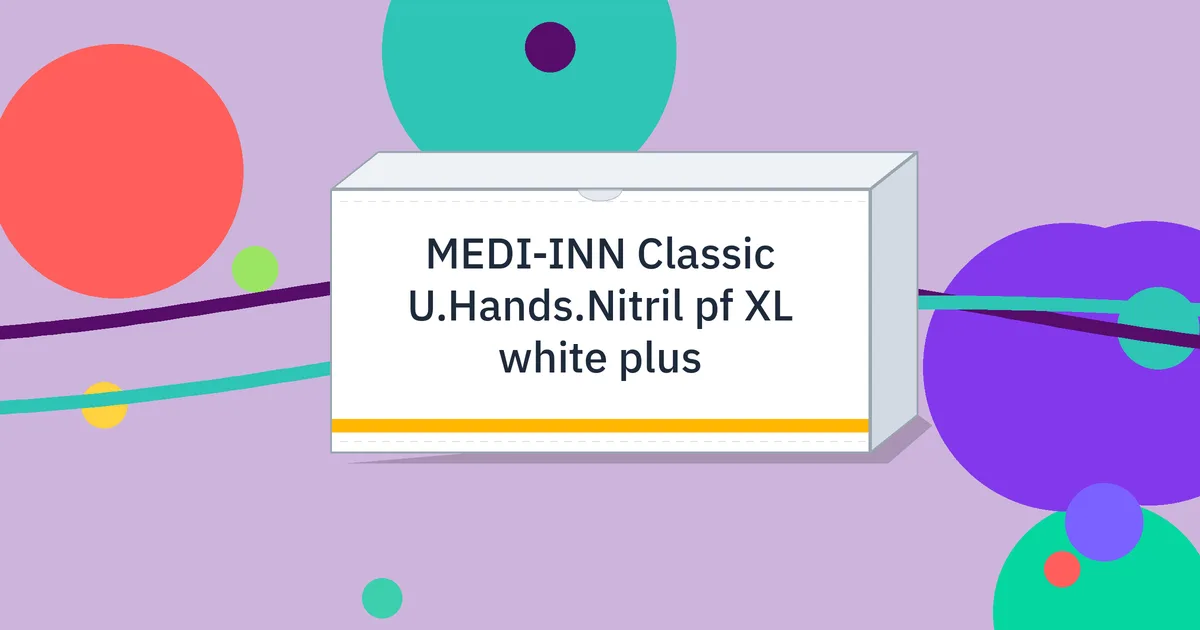 Symbolbild: Packung mit der Aufschrift MEDI-INN Classic U.Hands.Nitril pf XL white plus (PZN 18854228) – Verfügbarkeit und Bezug in Apotheken in Frankfurt am Main