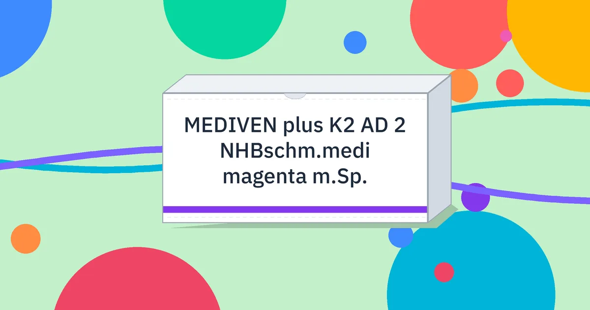 Symbolbild: Packung mit der Aufschrift MEDIVEN plus K2 AD 2 NHBschm.medi magenta m.Sp. (PZN 15938545) – Verfügbarkeit und Bezug in Apotheken in Frankfurt am Main