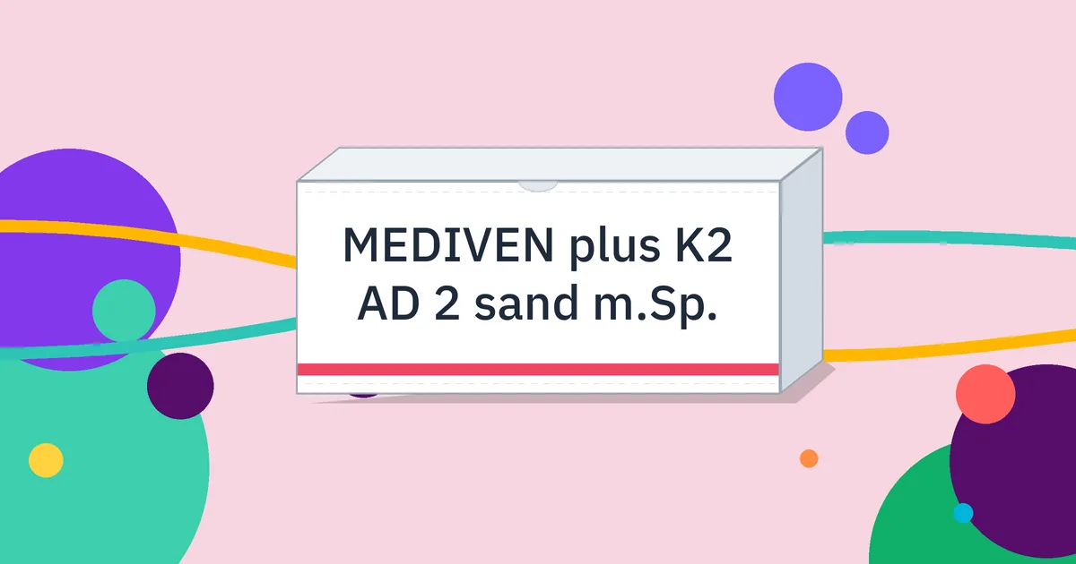 Symbolbild: Packung mit der Aufschrift MEDIVEN plus K2 AD 2 sand m.Sp. (PZN 18946309) – Verfügbarkeit und Bezug in Apotheken in Frankfurt am Main