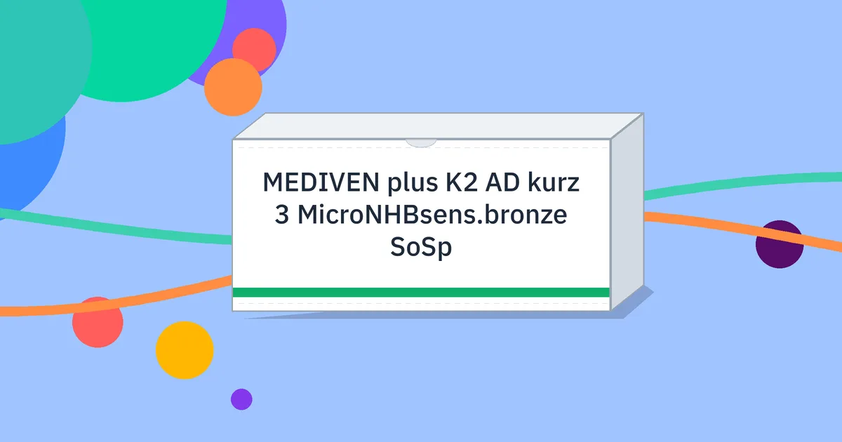 Symbolbild: Packung mit der Aufschrift MEDIVEN plus K2 AD kurz 3 MicroNHBsens.bronze SoSp (PZN 15934458) – Verfügbarkeit und Bezug in Apotheken in Frankfurt am Main
