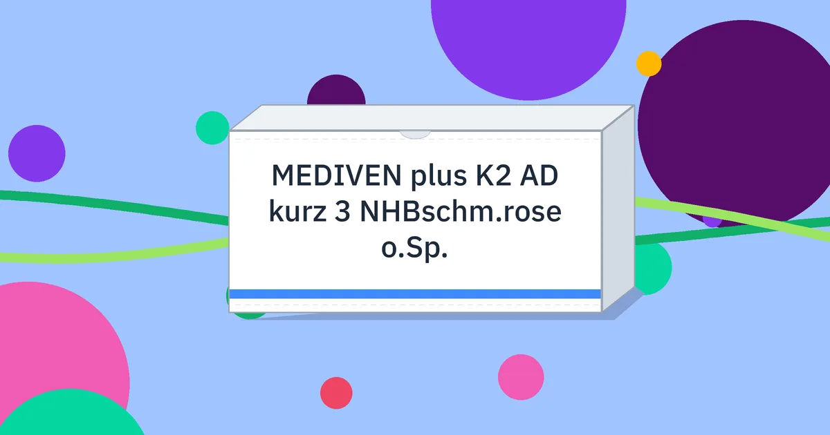 Symbolbild: Packung mit der Aufschrift MEDIVEN plus K2 AD kurz 3 NHBschm.rose o.Sp. (PZN 15926430) – Verfügbarkeit und Bezug in Apotheken in Frankfurt am Main