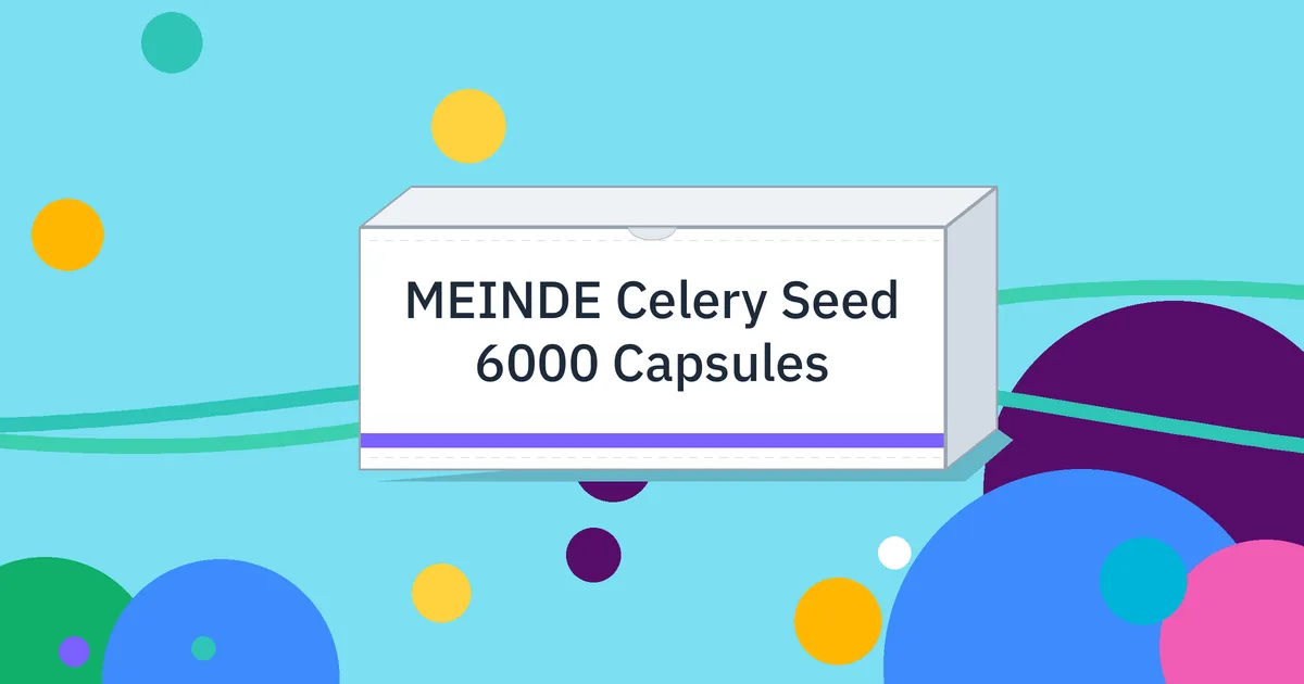 Symbolbild: Packung mit der Aufschrift MEINDE Celery Seed 6000 Capsules (PZN 20103297) – Verfügbarkeit und Bezug in Apotheken in Frankfurt am Main