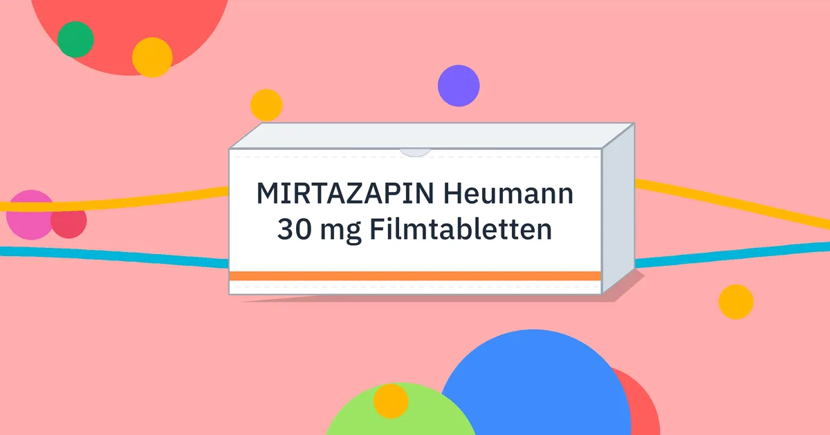 Symbolbild: Packung mit der Aufschrift MIRTAZAPIN Heumann 30 mg Filmtabletten (PZN 02892333) – Verfügbarkeit und Bezug in Apotheken in Frankfurt am Main