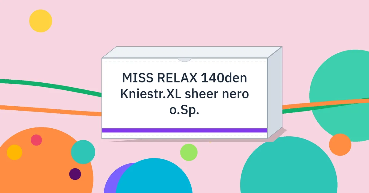 Symbolbild: Packung mit der Aufschrift MISS RELAX 140den Kniestr.XL sheer nero o.Sp. (PZN 20289592) – Verfügbarkeit und Bezug in Apotheken in Frankfurt am Main