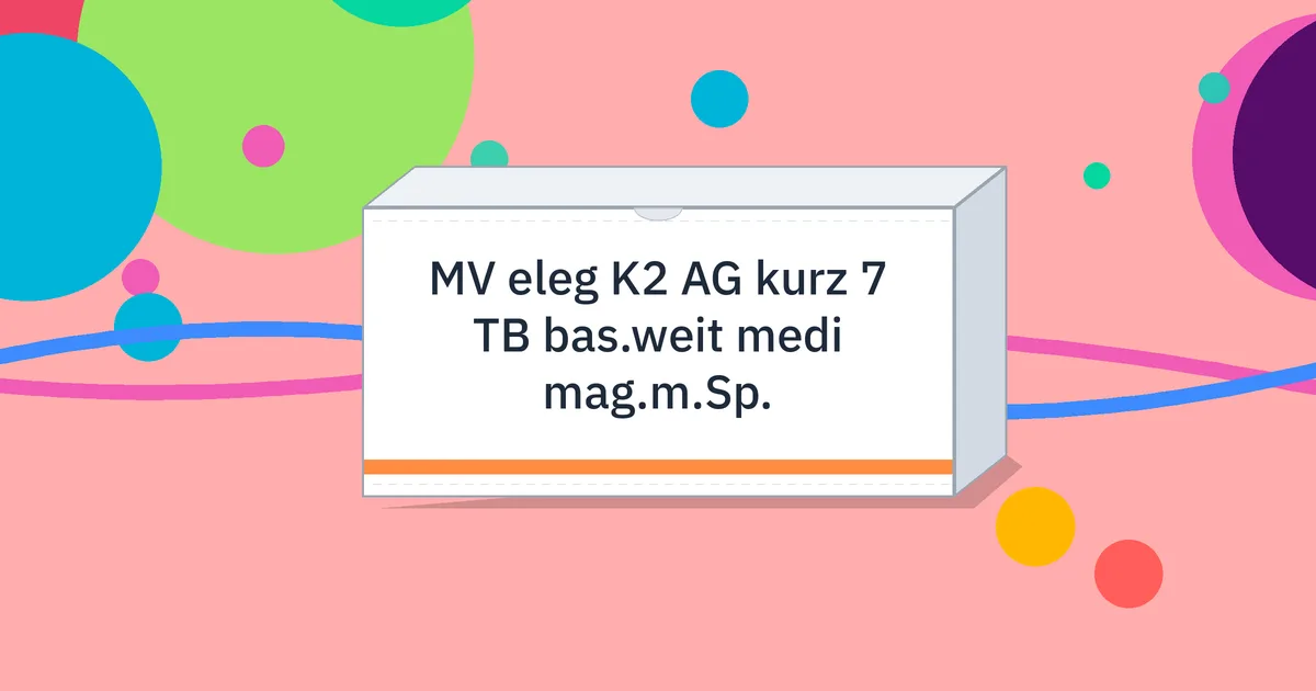 Symbolbild: Packung mit der Aufschrift MV eleg K2 AG kurz 7 TB bas.weit medi mag.m.Sp. (PZN 14638516) – Verfügbarkeit und Bezug in Apotheken in Frankfurt am Main