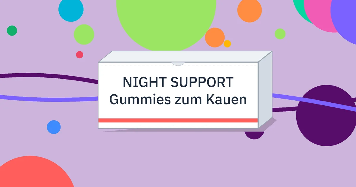 Symbolbild: Packung mit der Aufschrift NIGHT SUPPORT Gummies zum Kauen (PZN 20065852) – Verfügbarkeit und Bezug in Apotheken in Frankfurt am Main