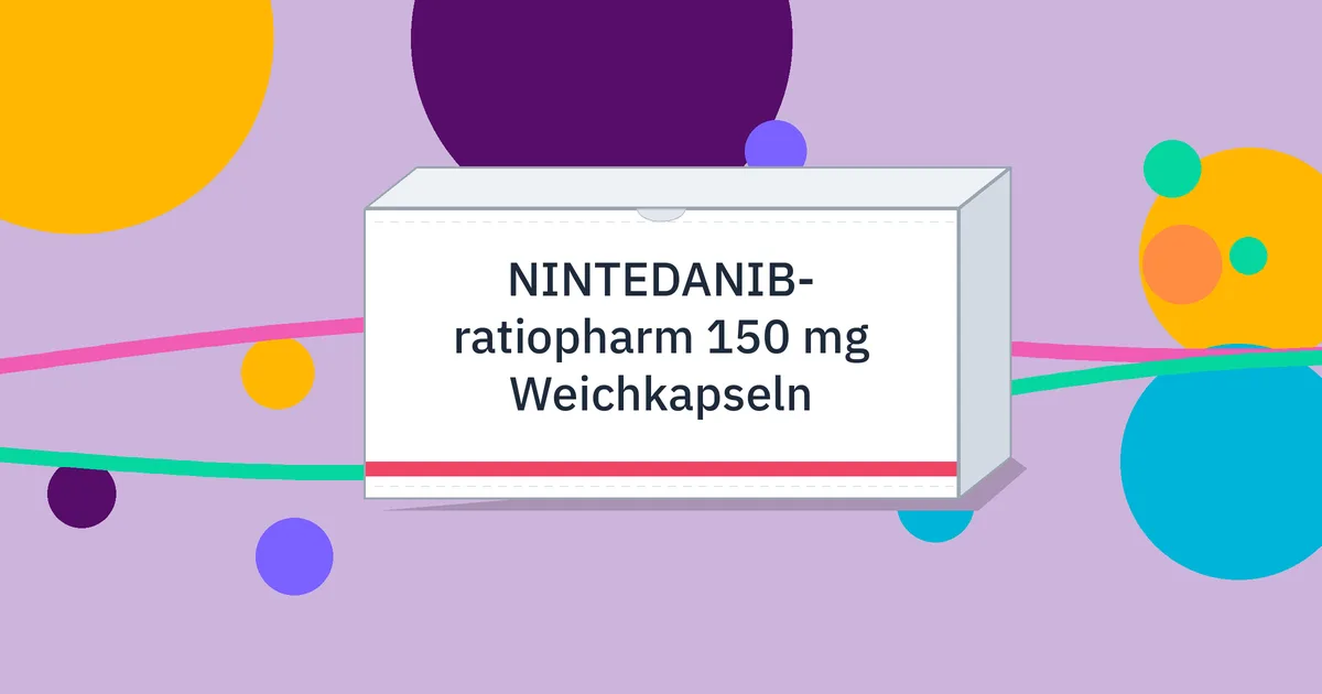 Symbolbild: Packung mit der Aufschrift NINTEDANIB-ratiopharm 150 mg Weichkapseln (PZN 19466184) – Verfügbarkeit und Bezug in Apotheken in Frankfurt am Main