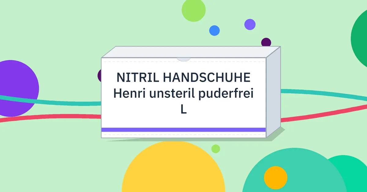 Symbolbild: Packung mit der Aufschrift NITRIL HANDSCHUHE Henri unsteril puderfrei L (PZN 20302973) – Verfügbarkeit und Bezug in Apotheken in Frankfurt am Main