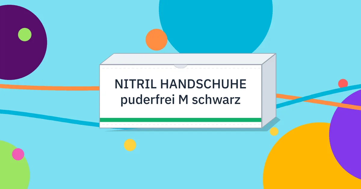 Symbolbild: Packung mit der Aufschrift NITRIL HANDSCHUHE puderfrei M schwarz (PZN 09617268) – Verfügbarkeit und Bezug in Apotheken in Frankfurt am Main