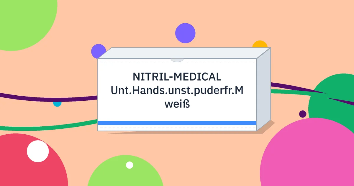 Symbolbild: Packung mit der Aufschrift NITRIL-MEDICAL Unt.Hands.unst.puderfr.M weiß (PZN 18408285) – Verfügbarkeit und Bezug in Apotheken in Frankfurt am Main