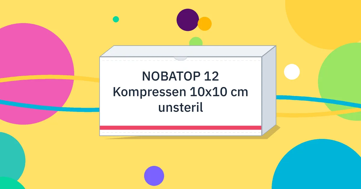 Symbolbild: Packung mit der Aufschrift NOBATOP 12 Kompressen 10x10 cm unsteril (PZN 07099272) – Verfügbarkeit und Bezug in Apotheken in Frankfurt am Main