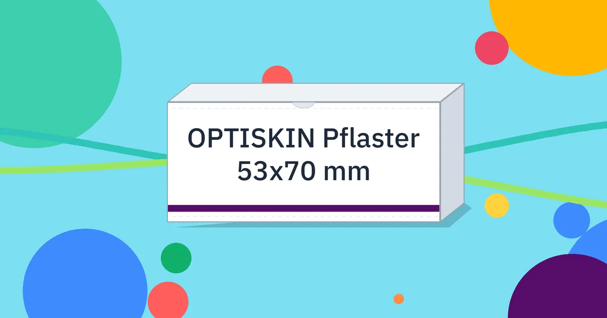 Symbolbild: Packung mit der Aufschrift OPTISKIN Pflaster 53x70 mm (PZN 00663048) – Verfügbarkeit und Bezug in Apotheken in Frankfurt am Main