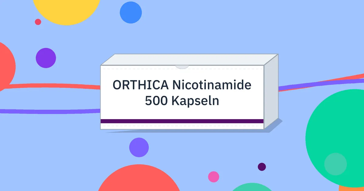 Symbolbild: Packung mit der Aufschrift ORTHICA Nicotinamide 500 Kapseln (PZN 20857671) – Verfügbarkeit und Bezug in Apotheken in Frankfurt am Main