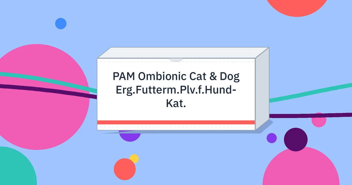Symbolbild: Packung mit der Aufschrift PAM Ombionic Cat & Dog Erg.Futterm.Plv.f.Hund-Kat. (PZN 20652644) – Verfügbarkeit und Bezug in Apotheken in Frankfurt am Main