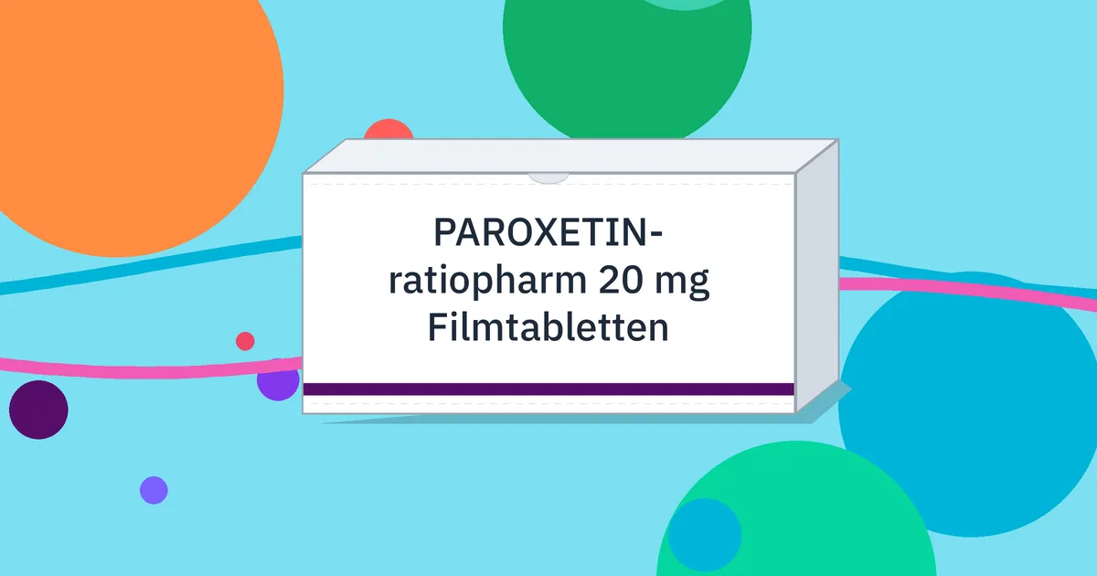Symbolbild: Packung mit der Aufschrift PAROXETIN-ratiopharm 20 mg Filmtabletten (PZN 02000412) – Verfügbarkeit und Bezug in Apotheken in Frankfurt am Main