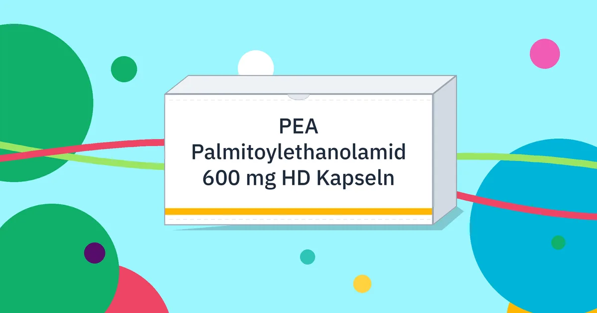 Symbolbild: Packung mit der Aufschrift PEA Palmitoylethanolamid 600 mg HD Kapseln (PZN 17305152) – Verfügbarkeit und Bezug in Apotheken in Frankfurt am Main