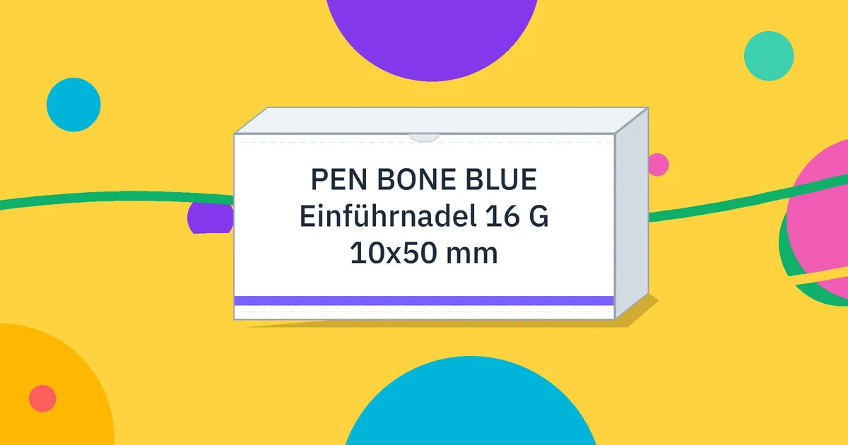 Symbolbild: Packung mit der Aufschrift PEN BONE BLUE Einführnadel 16 G 10x50 mm (PZN 16919840) – Verfügbarkeit und Bezug in Apotheken in Frankfurt am Main