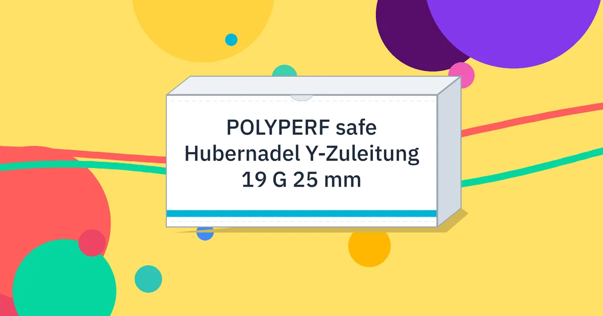 Symbolbild: Packung mit der Aufschrift POLYPERF safe Hubernadel Y-Zuleitung 19 G 25 mm (PZN 18114081) – Verfügbarkeit und Bezug in Apotheken in Frankfurt am Main