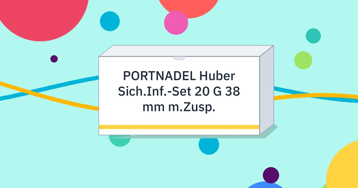Symbolbild: Packung mit der Aufschrift PORTNADEL Huber Sich.Inf.-Set 20 G 38 mm m.Zusp. (PZN 00357943) – Verfügbarkeit und Bezug in Apotheken in Frankfurt am Main