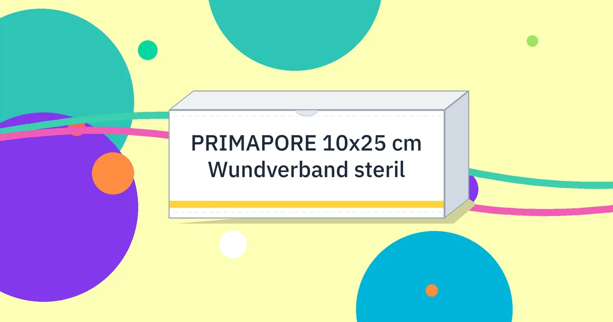 Symbolbild: Packung mit der Aufschrift PRIMAPORE 10x25 cm Wundverband steril (PZN 09204678) – Verfügbarkeit und Bezug in Apotheken in Frankfurt am Main