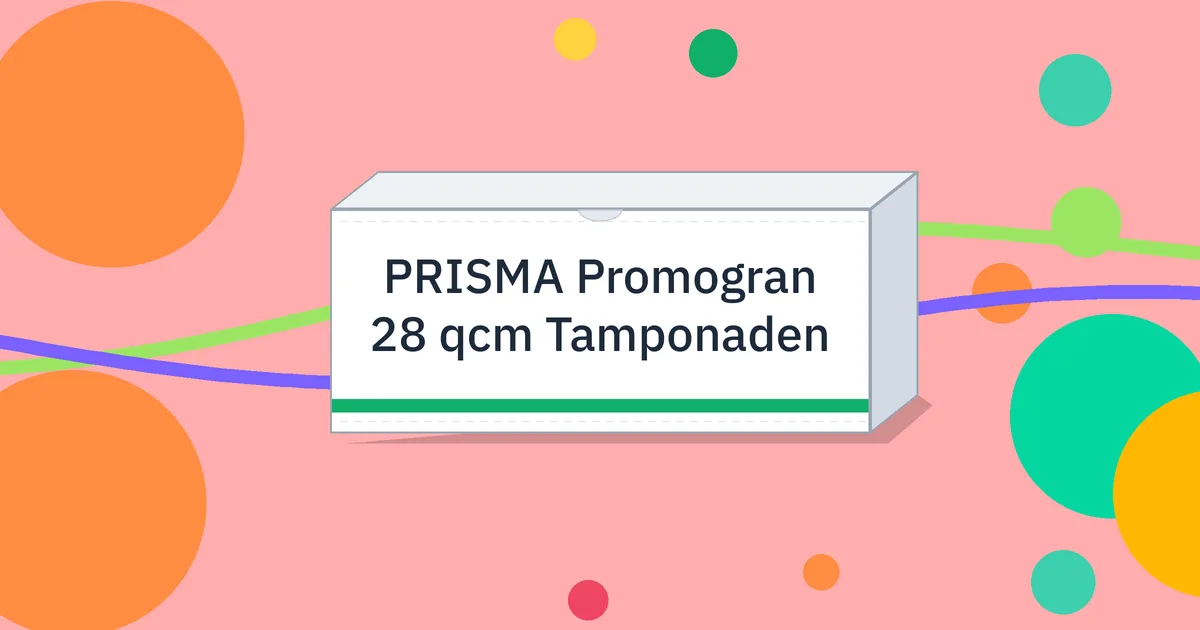 Symbolbild: Packung mit der Aufschrift PRISMA Promogran 28 qcm Tamponaden (PZN 02876185) – Verfügbarkeit und Bezug in Apotheken in Frankfurt am Main