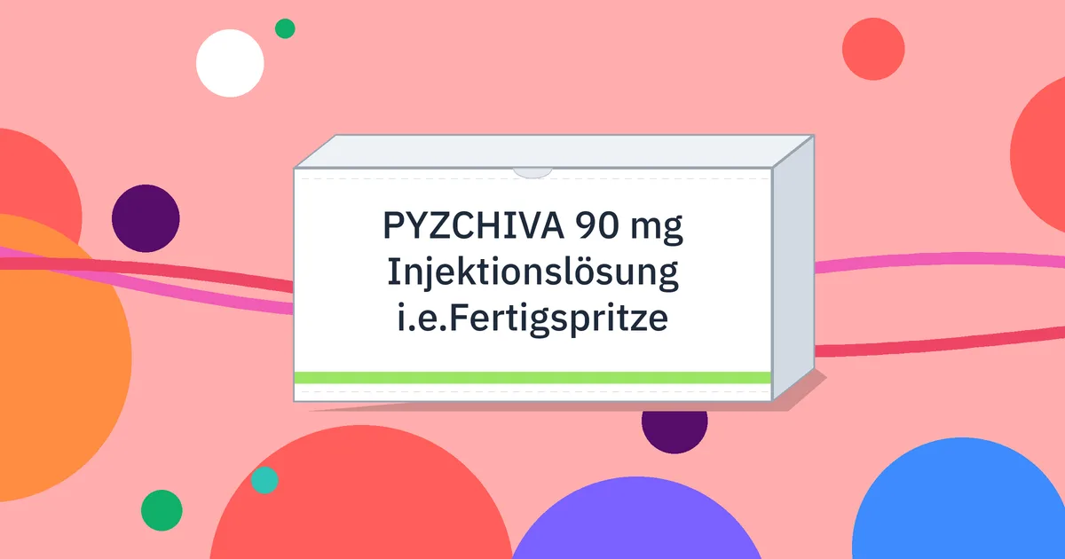 Symbolbild: Packung mit der Aufschrift PYZCHIVA 90 mg Injektionslösung i.e.Fertigspritze (PZN 19528778) – Verfügbarkeit und Bezug in Apotheken in Frankfurt am Main