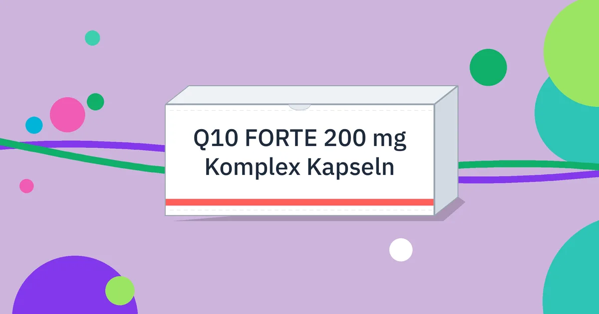 Symbolbild: Packung mit der Aufschrift Q10 FORTE 200 mg Komplex Kapseln (PZN 15328309) – Verfügbarkeit und Bezug in Apotheken in Frankfurt am Main