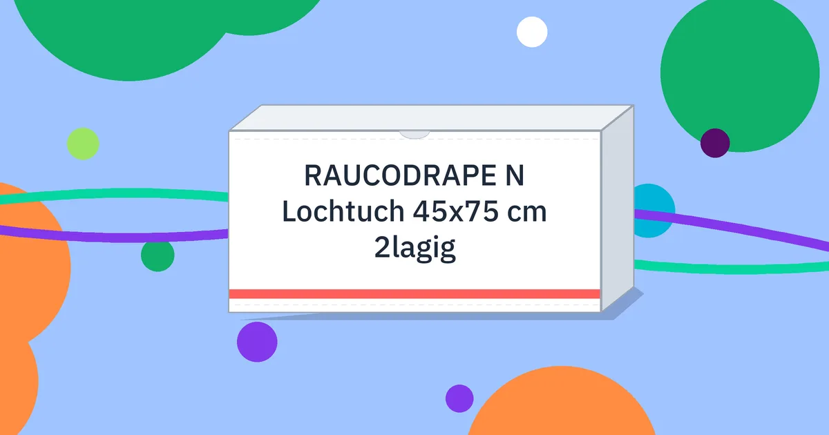 Symbolbild: Packung mit der Aufschrift RAUCODRAPE N Lochtuch 45x75 cm 2lagig (PZN 06162382) – Verfügbarkeit und Bezug in Apotheken in Frankfurt am Main