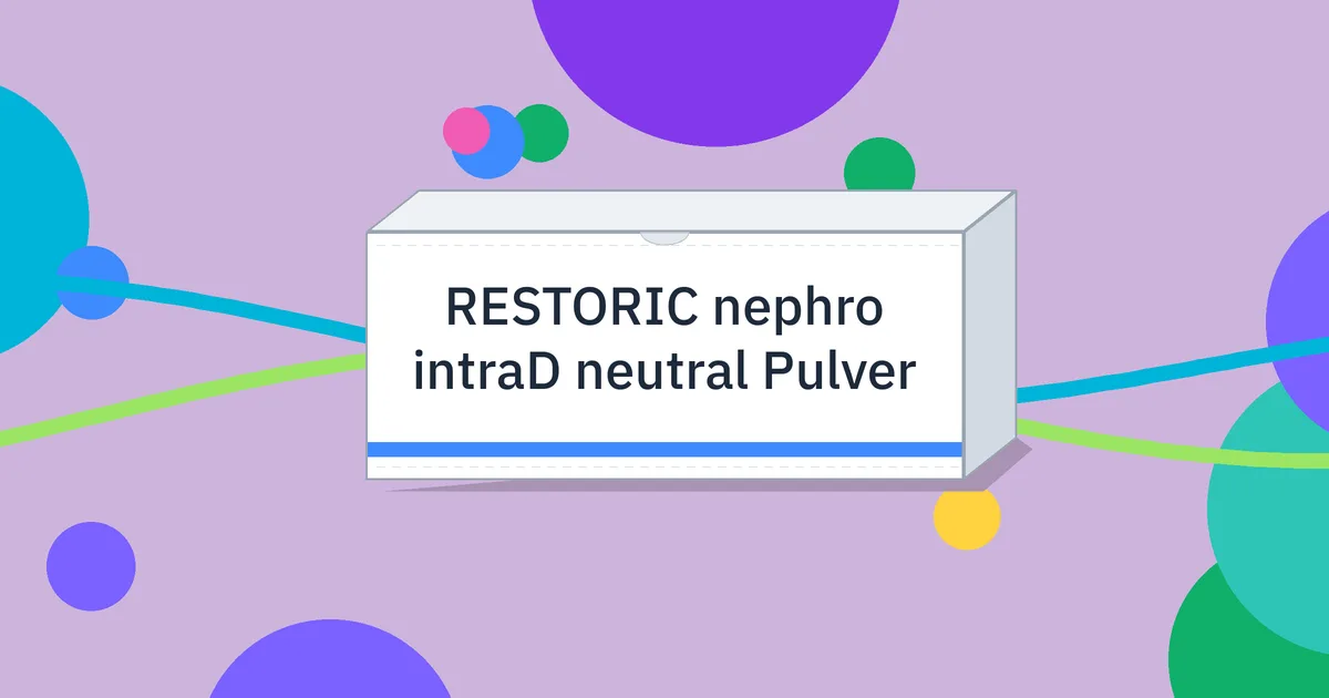 Symbolbild: Packung mit der Aufschrift RESTORIC nephro intraD neutral Pulver (PZN 18354276) – Verfügbarkeit und Bezug in Apotheken in Frankfurt am Main